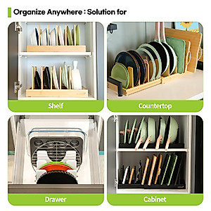 Pots and Pans Organizer under Cabinet, Bamboo Expandable Bakeware and Cutting Board Organizers, Adjustable Pot Lids Holder Rack, Cookie Sheet Baking Pan, Tray Organizer for Kitchen Storage (Natural)