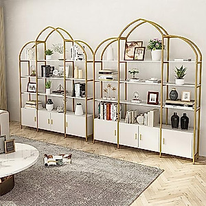 Semoic Triple Wide 5-Tier Gold Bookshelf, 70.87" L x 86.61" H Extra Bookcase with Storage Cabinet, Modern Etagere Bookcase Tall Open Display Shelf for Home Office, Gold&White