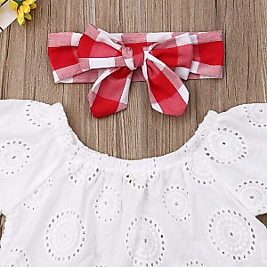 YANGLU Infant Baby Girl Off Shoulder Lace Tops+Plaid Shorts Skirts Tutu Dress Outfits Summer Clothes (White Top+Red Plaid Shorts, 6-12 Months)