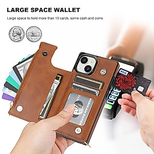 Bocasal Crossbody Wallet Case for iPhone 15 with RFID Blocking Card Slot Holder, Magnetic Flip Folio Purse Case, PU Leather Zipper Handbag with Detachable Lanyard Strap 6.1 Inch 5G (Brown)