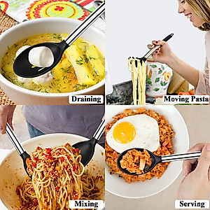 Silicone Cooking Spoons, Large Heat Resistant Silicone Pasta Slotted Spoon Solid Spoon for Nonstick Cookware, BPA Free Black Silicone Kitchen Spoons Dishwasher Safe for Cooking Mixing Serving, 3 Pack