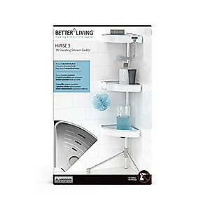 Better Living Making Life A Little Easier HiRISE 3 70053 Free Standing 3 Foot Corner Shower Caddy Rust Free Aluminum Bathroom Shower Caddy Organizer with Adjustable Hooks and Baskets, White