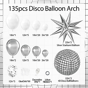 135pcs Disco Balloon Arch Garland Kit, White Silver Balloons with Disco Ball Balloons Silver Foil Balloons for Birthday Decorations Graduation Prom Decorations 2024 Disco Party Decorations