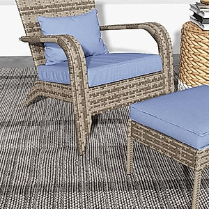 Outsunny Patio Wicker Adirondack Chair with Ottoman, Outdoor Fire Pit Chair with Cushions, High-Back, Large Seat & Armrests for Deck, Garden & Backyard, Gray