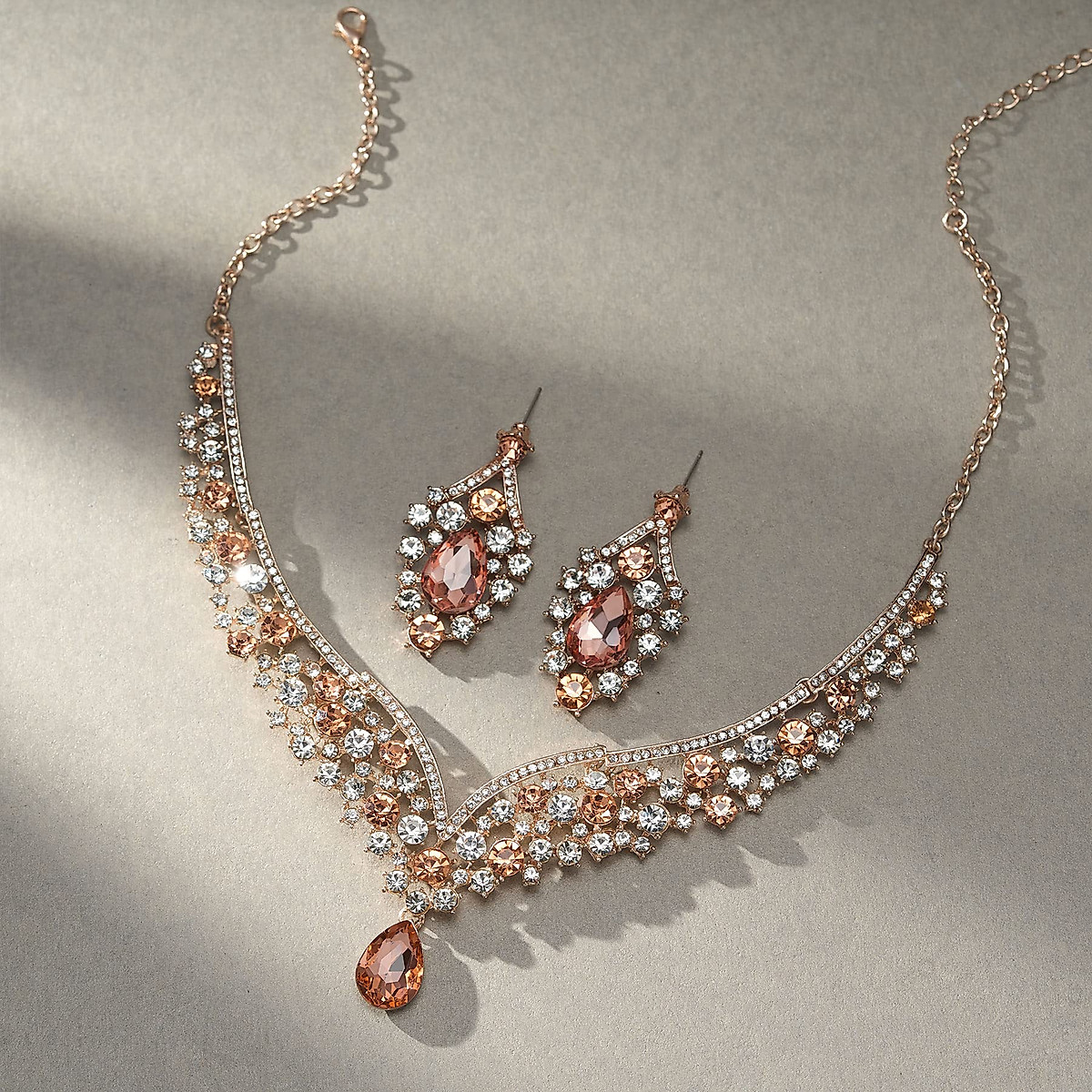 SWEETV Rose Gold Wedding Crown for Bride, 3-pack Tiara Earrings Necklace, Queen Crown Jewelry Set, Crystal Costume Party Birthday Prom Pageant Jewelry for Women,Genesis