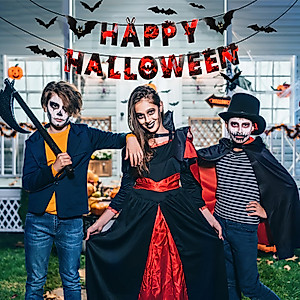 MiniRed Halloween Banner, Happy Halloween Bunting Banner with Bats, Premium Horror Halloween Party Decorations Supplies (With 12PCS 3D Bat Stickers)