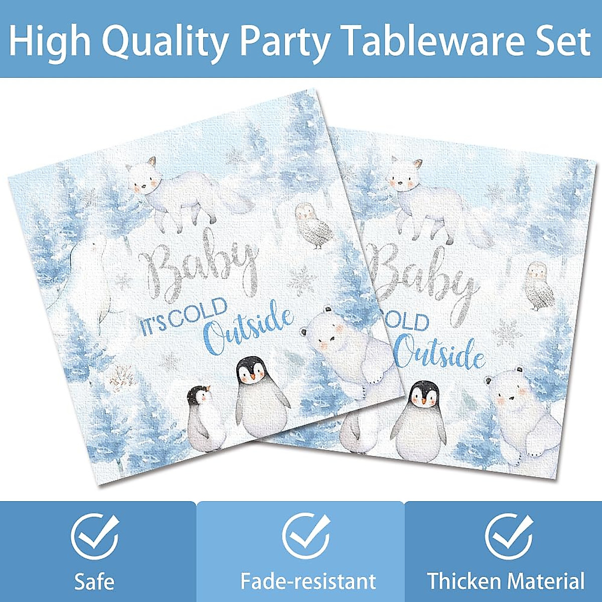 170pcs Winter Woodland Baby Shower Decorations Arctic Animals Plates Napkins Baby It's Cold Outside Snowflake Penguin Arctic Fox Tableware Set Banner Tablecloth for 24 Guests