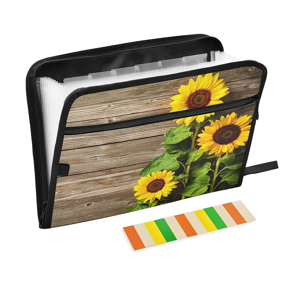 VIGTRO Summer Sunflowers Wooden 13 Pocket Expanding File Folder Waterproof with Sticky Labels, Summer Flowers Letter A4 Paper Accordion Document Organizer with Zipper for Office and Classroom