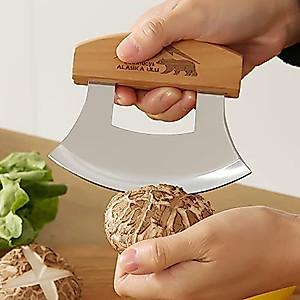 WiuCYS 5inch Alaskan Mezzaluna Ulu Knife, Salad Veggies Rocker Chopper Slicer Cutter Chef Hashing Chopping Mincing Knives Cleaver with Wooden Stand Sheath Arthritic Tool