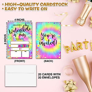 Chuxvon Waterslide Birthday Party Invitations, Summer Pool Birthday Invitation, Double-Sided Tie Dye Themed Fill In Invites, Kids Splash Birthday Party Decorations, 20 Cards With 20 Envelopes(C04)