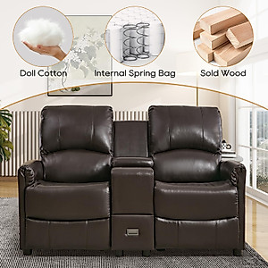 IPKIG Loveseat Recliner Sofa - RV Loveseat Recliner Wall Hugger Manual Reclining Loveseat with Console, Side Pockets and Cup Holders, Faux Leather Double Recliner Love Seat for Living Room (Brown)