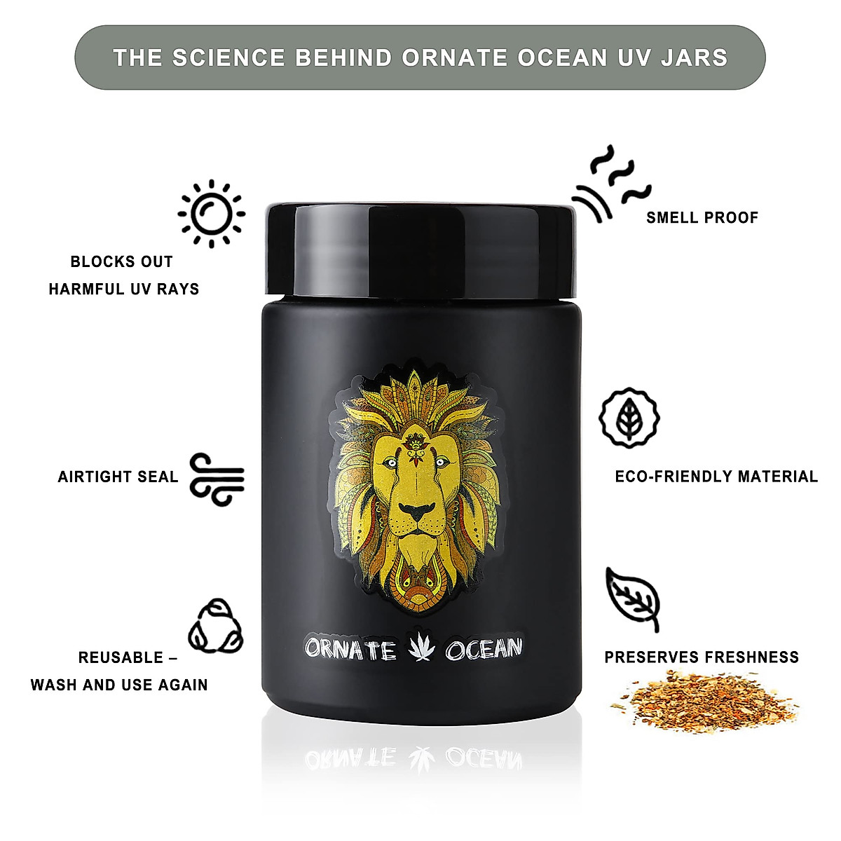 Ornate Ocean 4-Pack 250ml UV Glass Stash Jars Lion King - 4 Piece Set Multipurpose Storage Containers - Convenient Airtight Smell Free Screw Top Lid Jars Preserves and Secures Your Herbs