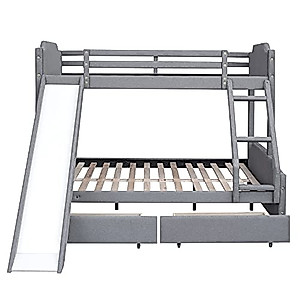 Merax Twin Over Full Size Upholstery Bunk Bed, Solid Wood Bed Frame with Two Drawers and Slide, Convertible Slide and Ladder, Headboard and Footboard, Grey