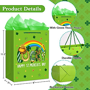 WhatSign St.Patricks Day Gift Bags with Handle 11.5" Happy St.Patrick's Day Gift Bags Shamrock Lucky Paper Gifts Bags with Tissue Paper Irish Clover Gift Wrap Bags St Patricks Day Party Favor Supplies