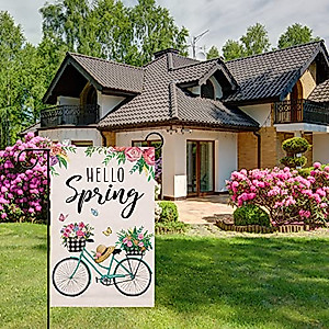 Hzppyz Hello Spring Bicycle Flowers Garden Flag Double Sided, Rose Bike Decorative Yard Outdoor Home Small Decor, Farmhouse Burlap Outside House Decoration 12 x 18