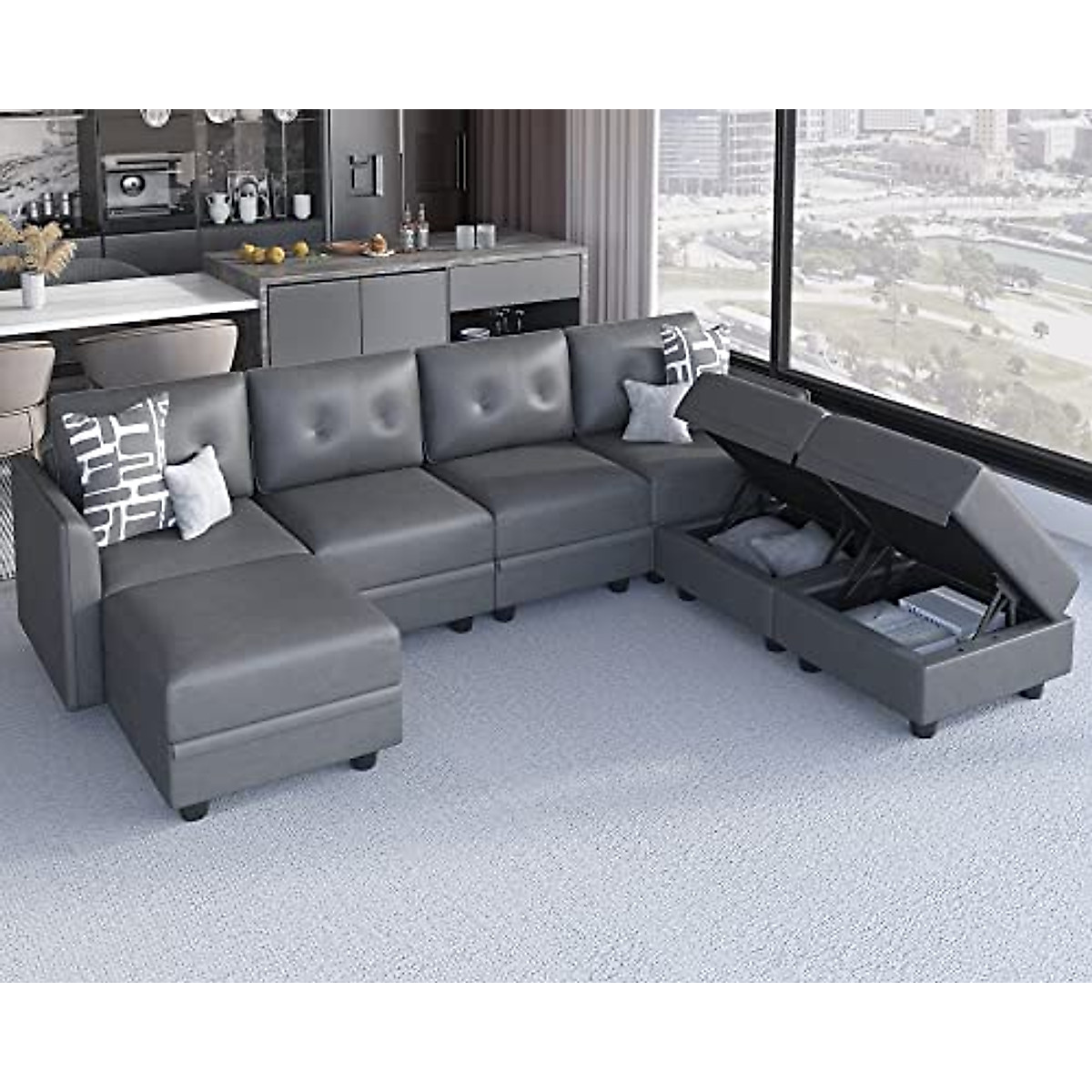 LLappuil Modular Sectional Sofa with Reversible Chaise, Faux Leather Fabric 7 Seater Modular Sofa with Storage, Convertible U Shape Sectional Couch with Ottomans, Dark Grey