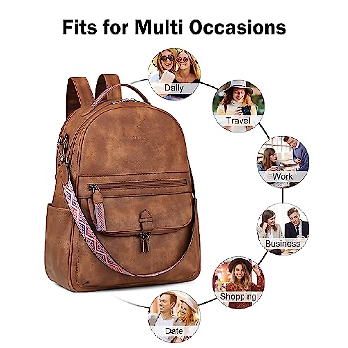 FADEON Leather Laptop Backpack for Women PU Computer Backpacks, Designer Travel Back Pack Purse with Laptop Compartment Brown