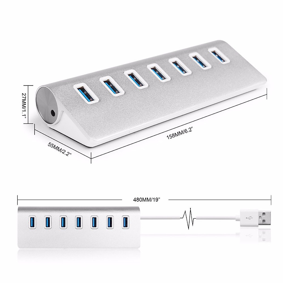 High Speed USB 2.0 Hub Premium 7-Port Portable Aluminum Hub with 60cm USB 2.0 Cable for iMac, MacBooks, PCs and Laptops