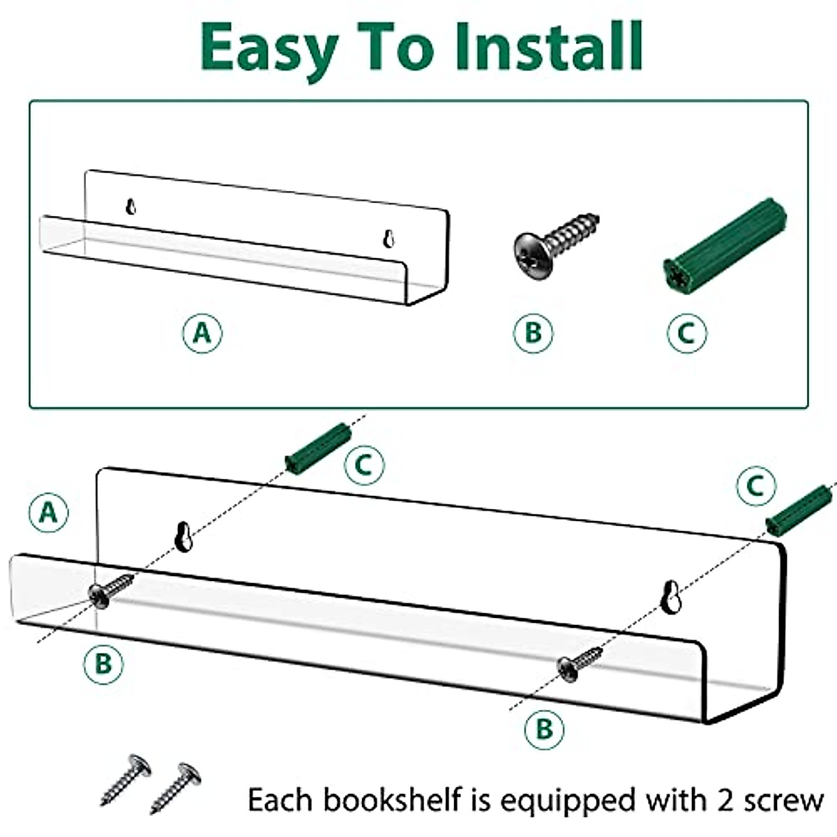 Blulu 14 Inch Acrylic Floating Shelf Wall Mounted Invisible Acrylic Shelf Ledge Kids Floating Bookshelf for Living Room Office Bedroom Bathroom Kitchen Decoration Space Save (Clear, 8 Packs)