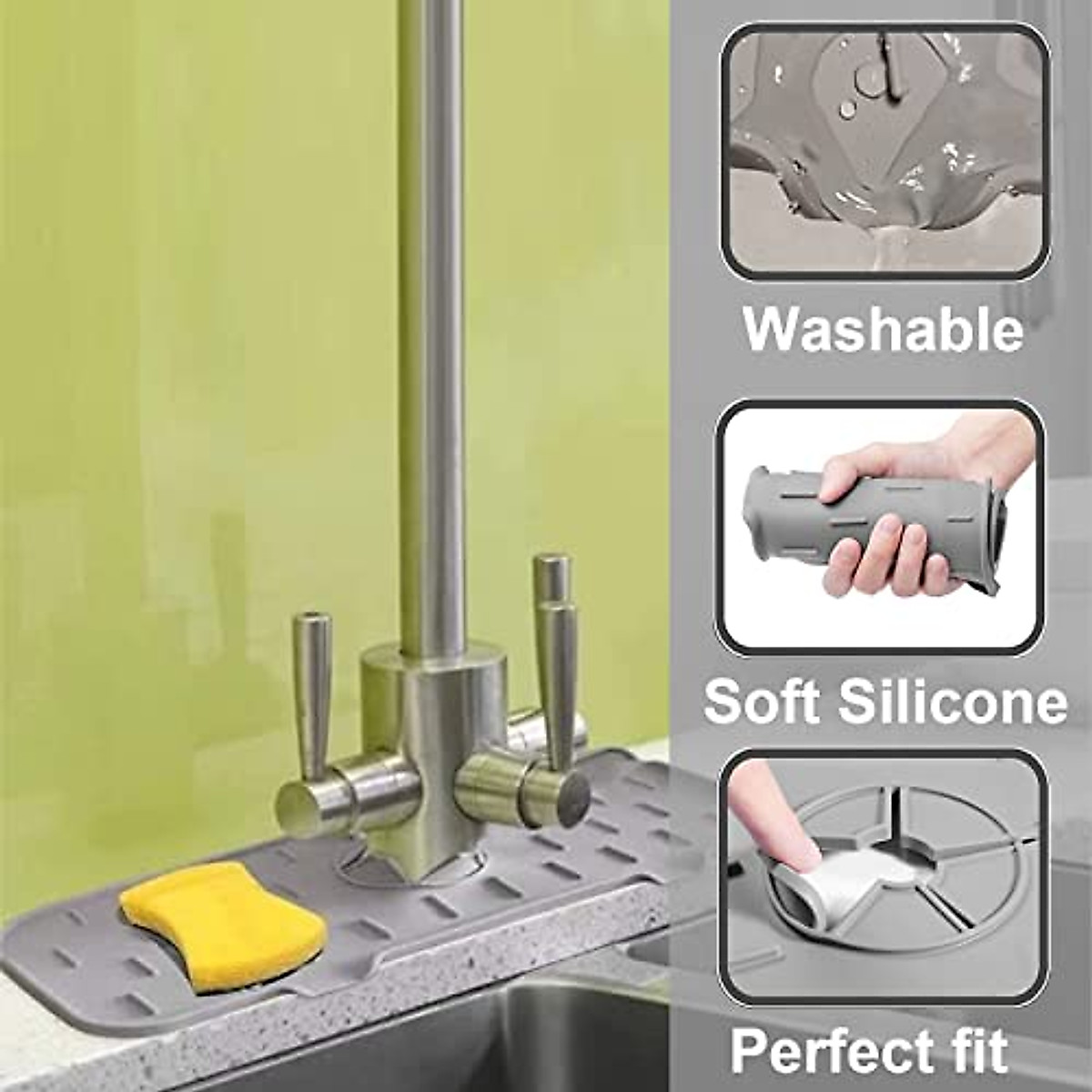 Silicone Faucet Handle Drip Catcher Mat, COCOJAM Kitchen Guard Silicone for Faucet, Silicone Faucet Splash Catcher, Silicone Faucet DripTray (Grey)