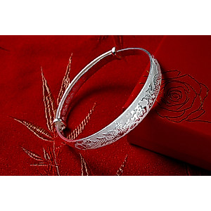 Women's 999 Solid Sterling Silver Chinese Dragon Phoenix Carved Adjustable Bangle Bracelet 27g Weight for Women | Dragon Jewelry for Women | Sterling Silver Bangle