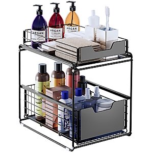 Across-Star Pull Out Under Sink Cabinets Organizer, Stackable 2 Tire Sliding Countertop Organizer, Under Sink Storage Drawer Shelf for Kitchen, Bathroom (Black)