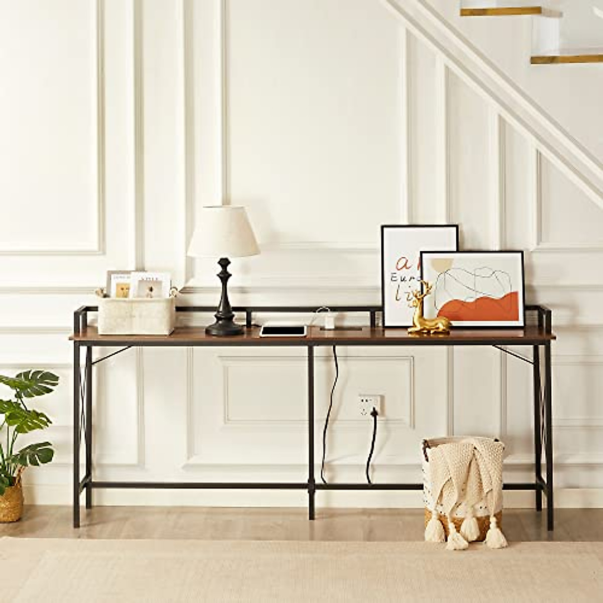 VECELO Couch Side & Console Table with 2 Outlets and USB Ports, 70.9 Inches, Brown