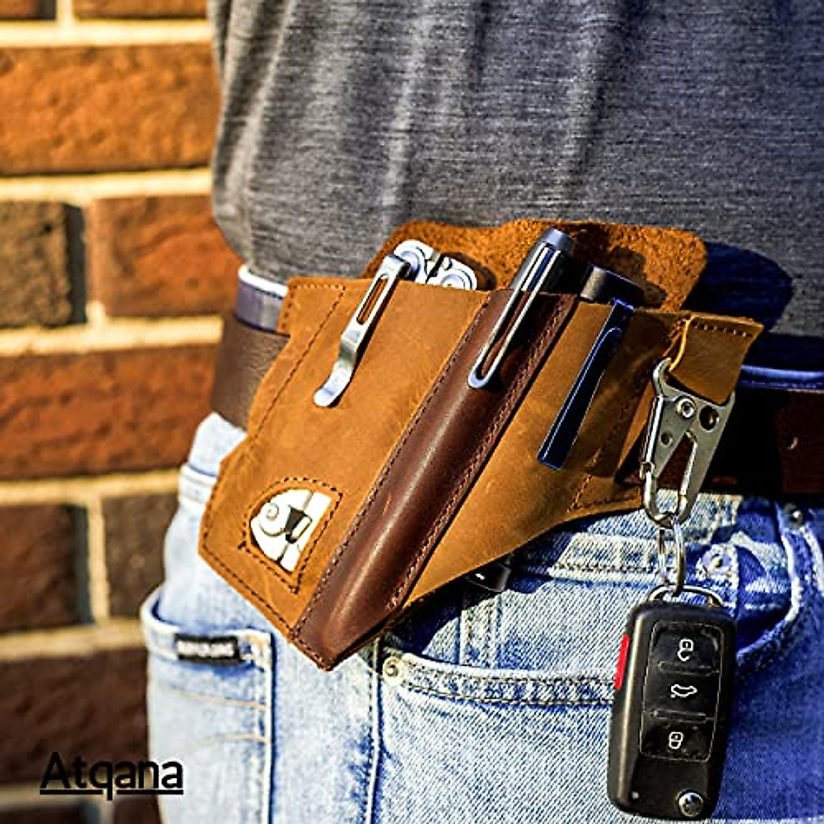 Atqana Multitool Sheath for Belt - EDC Pocket Organizer | Leatherman Holster | Leather Multitool Pouch with Pen Holder, Flashlight Sheath and Key Fob Clip | Handmade Leather EDC Organizer (Brown)