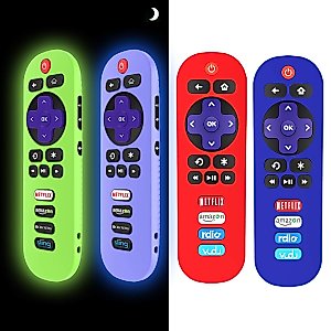 [4 Pack] Silicone Case for TCL Roku TV RC280 Remote, Protective Universal Replacement Lightweight/Shockproof TCL Roku TV Remote Cover with Lanyard (Glow Blue+Glow Green+Red+Blue)