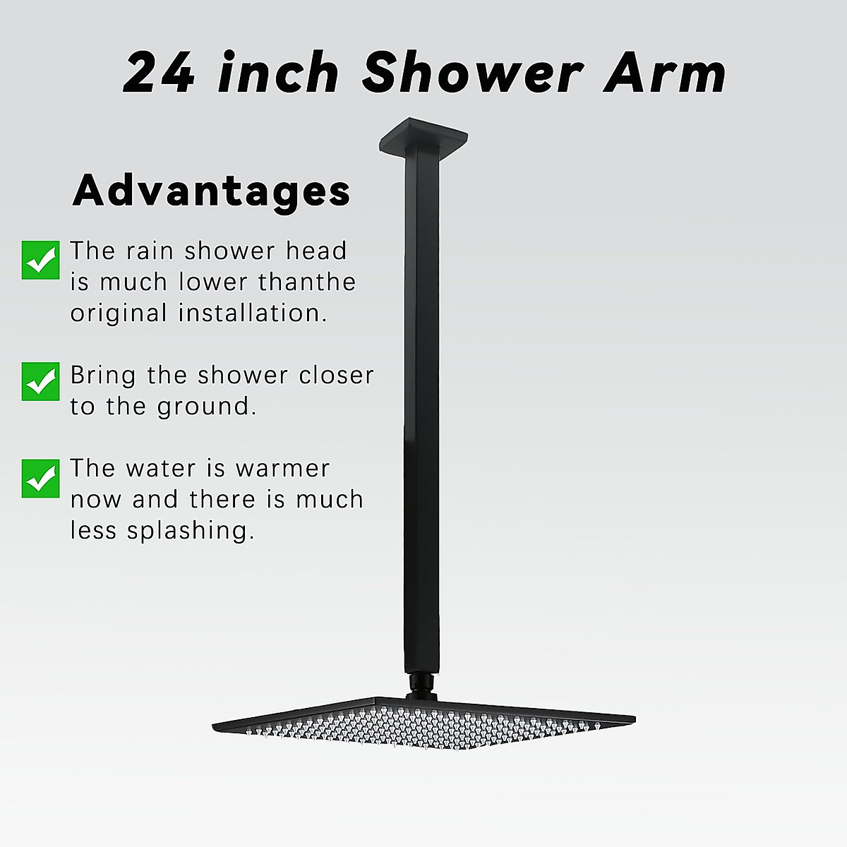 Drettyer Shower Arm with Flange 24 Inches Ceiling Mount Square Straight Extender Extension Pipe Replacement, Extra Long Shower Arm For Fixed Rain Shower Head or High Ceiling, Matte Black
