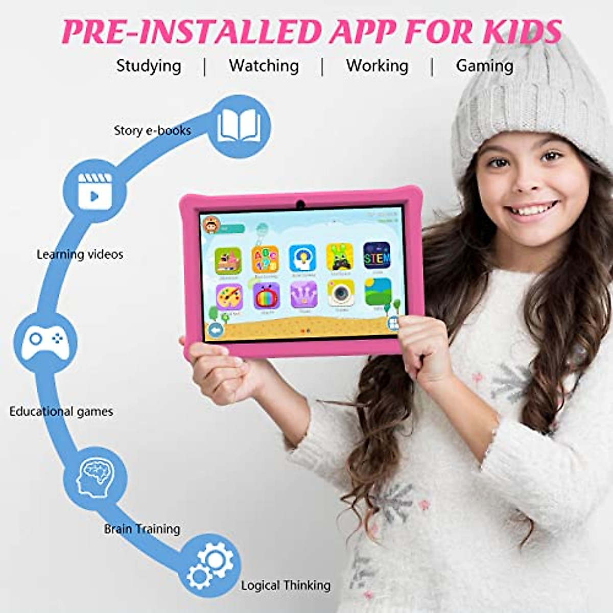 HOTTABLET 10 inch Tablet for Kids 3GB RAM 64GB ROM Kids Tablet, Android 12 Tablet with Case, Toddler Tablet PC WiFi, Parental Control, Dual Camera, Educational Tablets with Silicone Case (Pink)