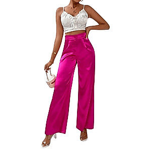 WDIRARA Women's Wide Leg High Waisted Zip Fly Flowy Loose Pants Elegant Party Pants Hot Pink S
