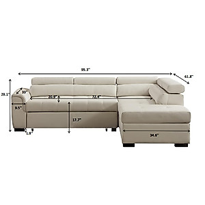 Convertible Sectional Sofa with Pull Out Bed and Adjustable Headrest , Faxu Leather Upholstered Reversible Corner Couch with Chaise and Removable Ottoman, L Shaped Tufted Sofa&Couches for Living Room