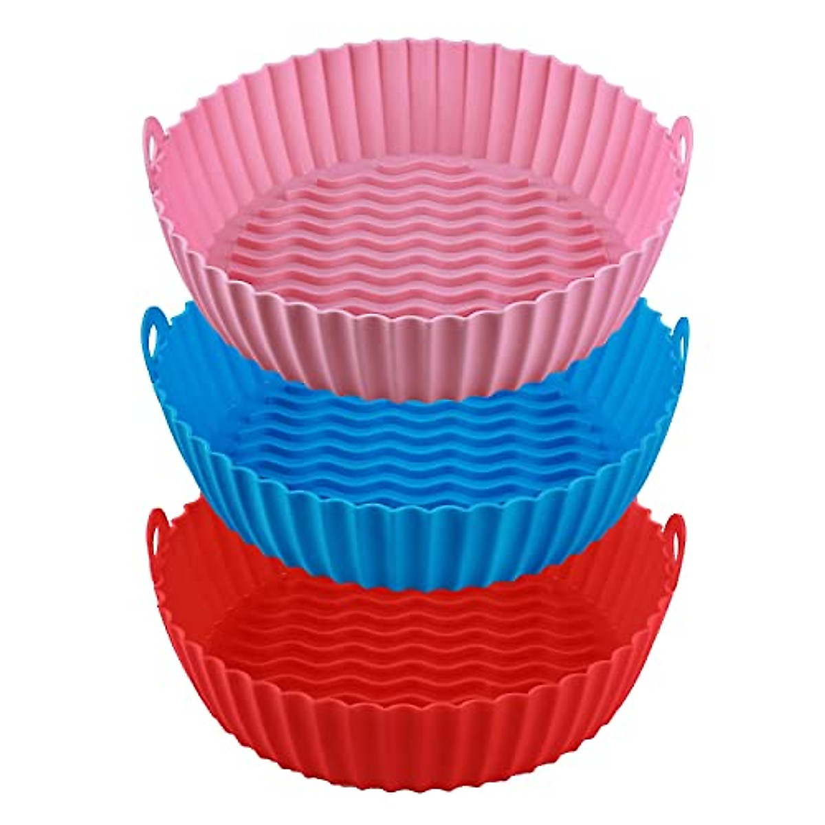 KLRSEN 3 Pcs Easy to Clean Air Fryer Silicone Liners Fit 3 To 5 Qt Airfryer,7.5 Inch Reusable Silicone Air Fryer Liners, Heat Resistant Air Fryer Liners (Red+Pink+Blue)