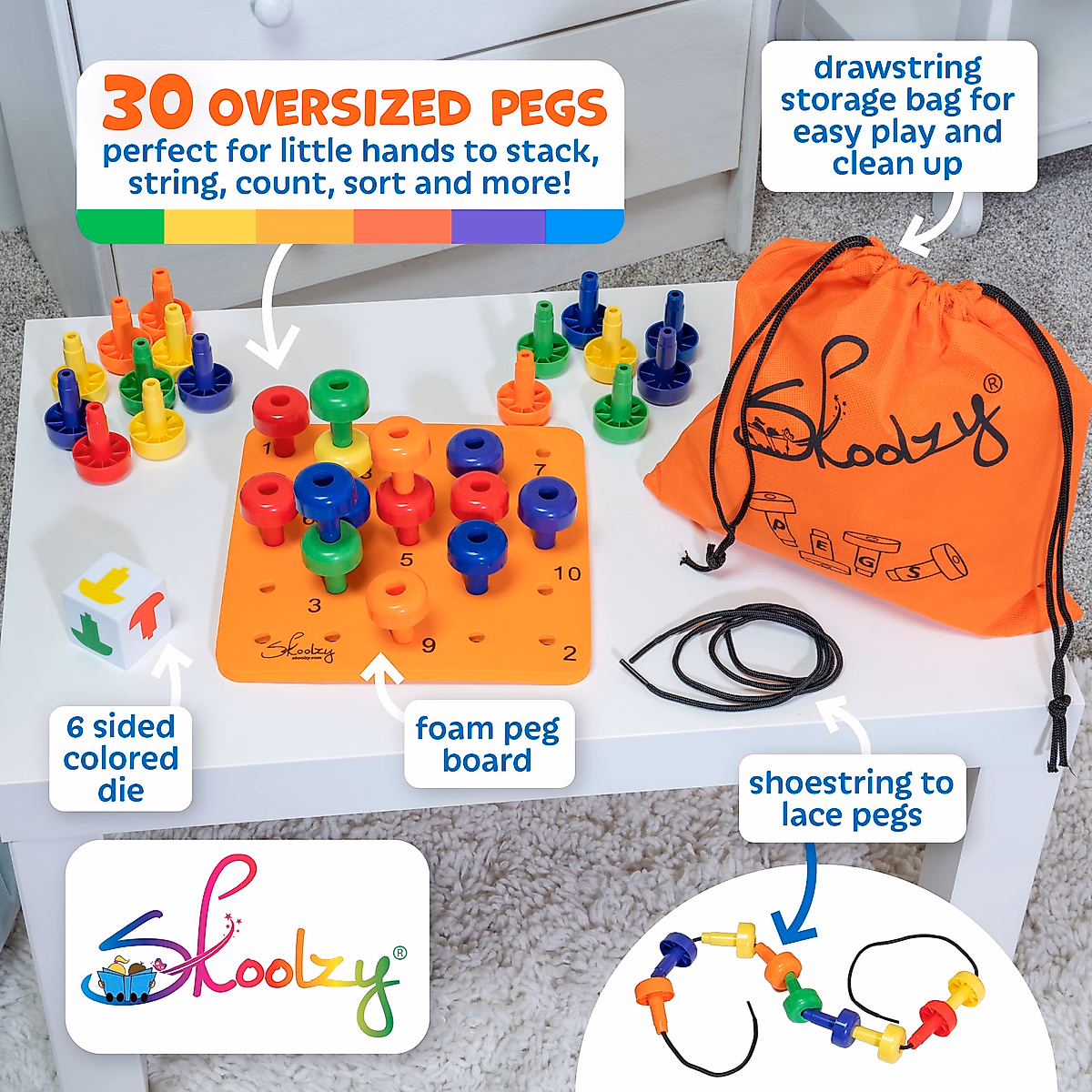 Skoolzy Montessori Sensory Peg Board 34 Piece Set - Develop Sensory Play Occupational Therapy STEM Learning Educational Toys for Kids 2+ - Includes Foam Board, Lacing String, Dice, Storage Bag, eBook