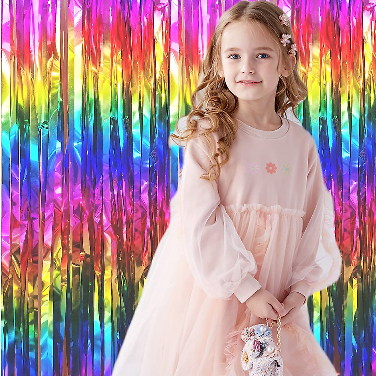 2 Packs Rainbow Backdrop Neon Metallic Tinsel Foil Fringe Curtain Photo Booth Props for Birthday Gay Pride Day Bachelorette Wedding Engagement Bridal Shower Baby Shower Disco Party Decorations