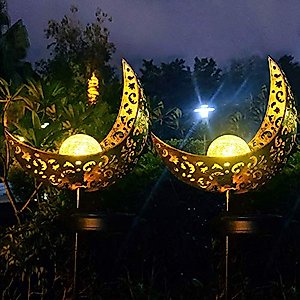 Aubasic Solar Powered Garden Lights, 2 Pack Antique Brass Hollow-Carved Metal Moon with Warm White Crackle Glass Globe Stake Lights,Waterproof Outdoor for Lawn,Patio,Yard
