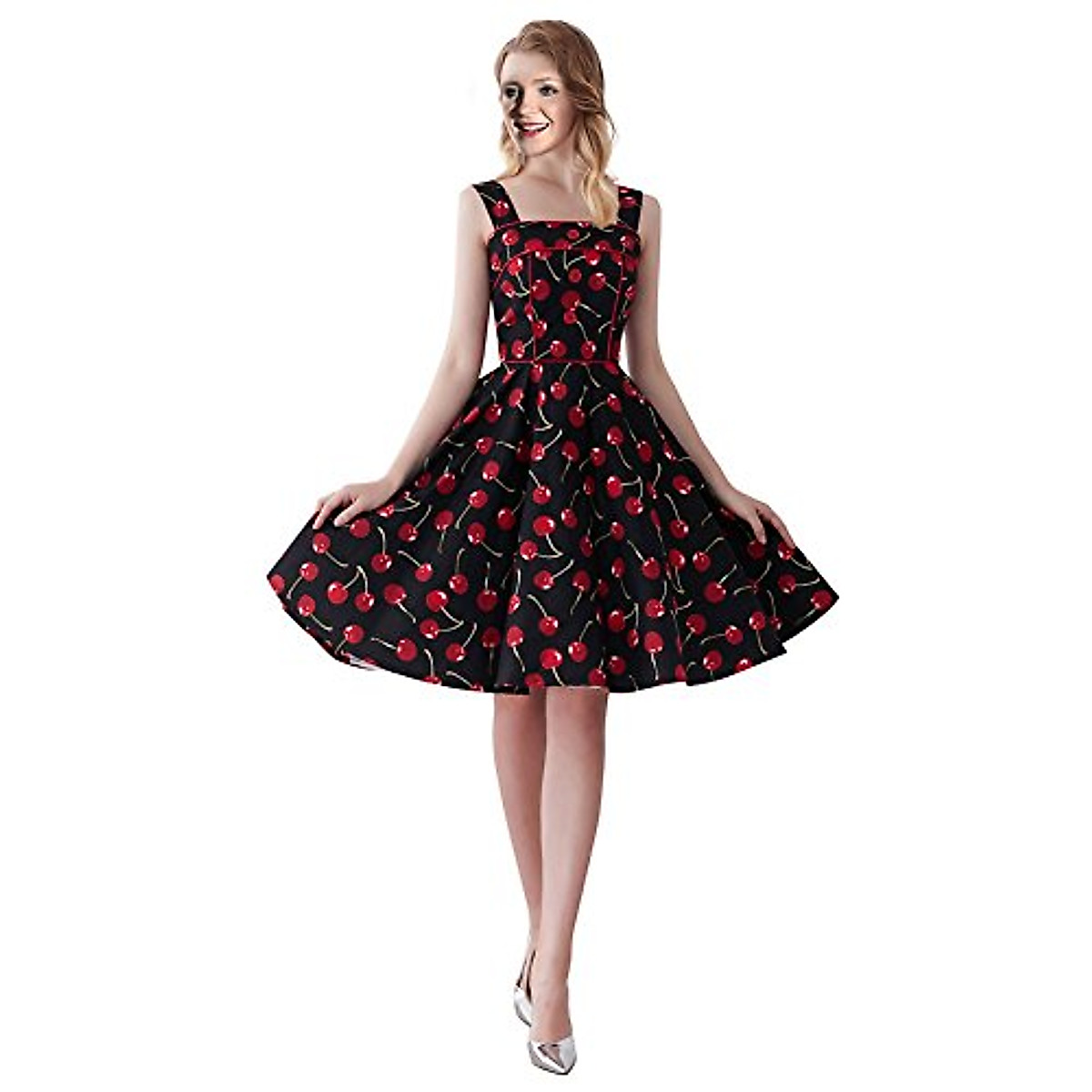 50's Retro Cocktail Summer Tea Dress Women's Rock Sling Floral Dot Dress Swing Party Dress（DV8025-M） Black Cherry