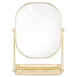 Navaris Vanity Mirror with Tray - Table Top Mirror with Metal Stand and Storage - 7" x 9" Mirror Size - for Makeup, Tabletop, Desk - Rose Gold Finish