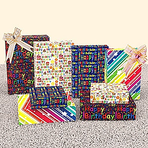 THMORT Birthday Wrapping Paper for Kids, Boys&Girls, Adults.Gift Wrapping Paper sheet With Black Background, Rainbow Star Stripe Happy Birthday for Baby Shower,Pack of 12 Sheets 20 X 29 Inch.