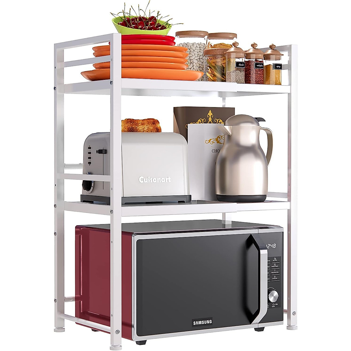 DOLALIKE Microwave Oven Rack, Expandable Microwave Stand Countertop Kitchen Utensils Tableware Storage, Carbon Steel Over Microwave Shelf Countertop 3 Tier with 3 Hooks