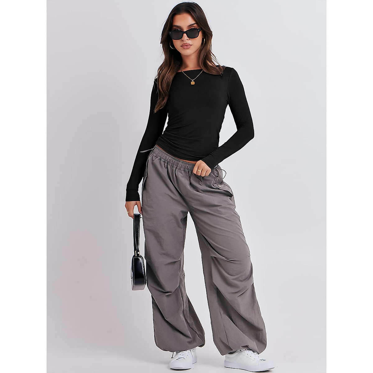 ANRABESS Women’s Long Sleeve Shirts Tight Fitted Going Out Crop Tops Crewneck Basic Tee Y2k Outfits Teens Girls Clothes Black L