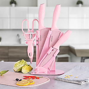 LEISIDY 7 Pieces of Pink Kitchen Knife Set - Non-stick Stainless Steel Kitchen Knives Set with 1 Scissor & 1 Peeler Stand and Chopping Board with Gift Box