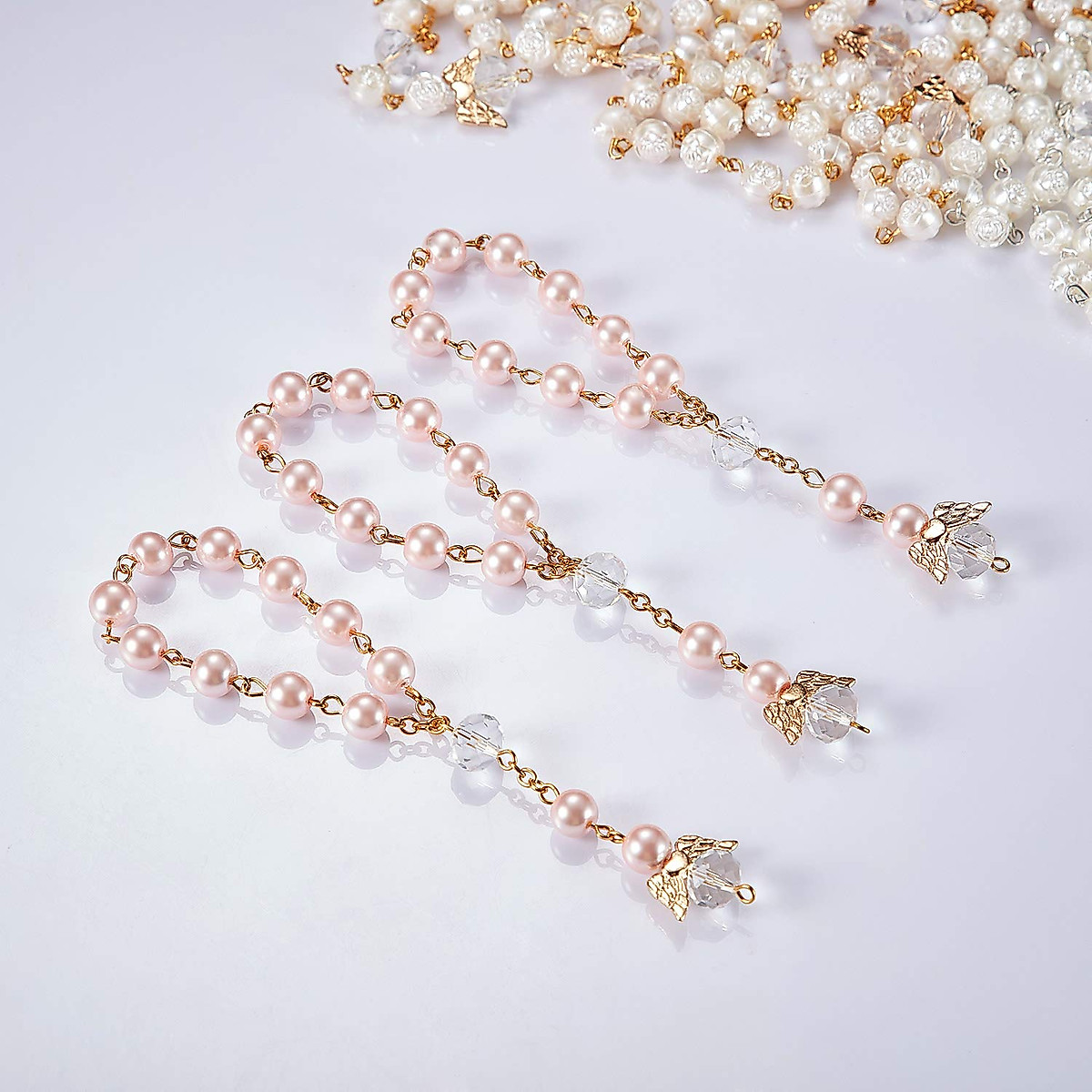 30 Pieces Baptism Rosary Acrylic Rosary Beads Mini Rosaries with Angel for The First Communion Baptism Party Favors (Pink Gold)