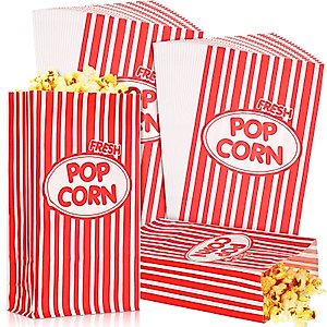 Paper Popcorn Bags 2 oz Disposable Individual Servings Popcorn Container Flat Bottom Vintage Popcorn Bags for Popcorn Machine Movie Night Party Theaters Carnivals, Red and White Striped (200 Pieces)