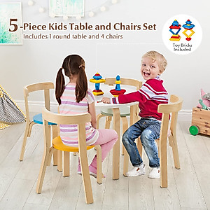 Costzon Kids Table and Chair Set, 5-Piece Wooden Activity Table w/ 4 Chairs, Toy Bricks, Classroom Playroom Daycare Furniture for Playing, Drawing, Reading, Bentwood Toddler Table & Chairs (Assorted)
