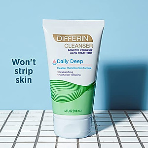 Differin Acne Face Wash with Benzoyl Peroxide, Daily Deep Cleanser by the makers of Differin Gel, Gentle Skin Care for Acne Prone Sensitive Skin, 4 oz (Packaging May Vary)