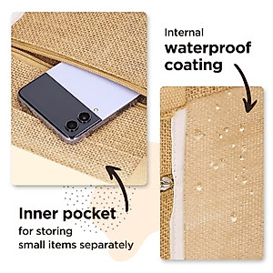 2 Pack Jute Tote Bags - X-Large Reusable Jute Tote Bag with Handles and Top Zipper Closure - Water Resistant Blank Tote Bags for Bridesmaid Wedding Gift, Grocery, Shopping, Beach, and DIY Crafts