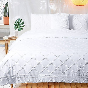 YINFUNG White Duvet Cover Queen Tufted Boho Textured Diamond Shabby Chic Moroccan Clipped Fringed Bohemian Jacquard Bedding Set 90x90