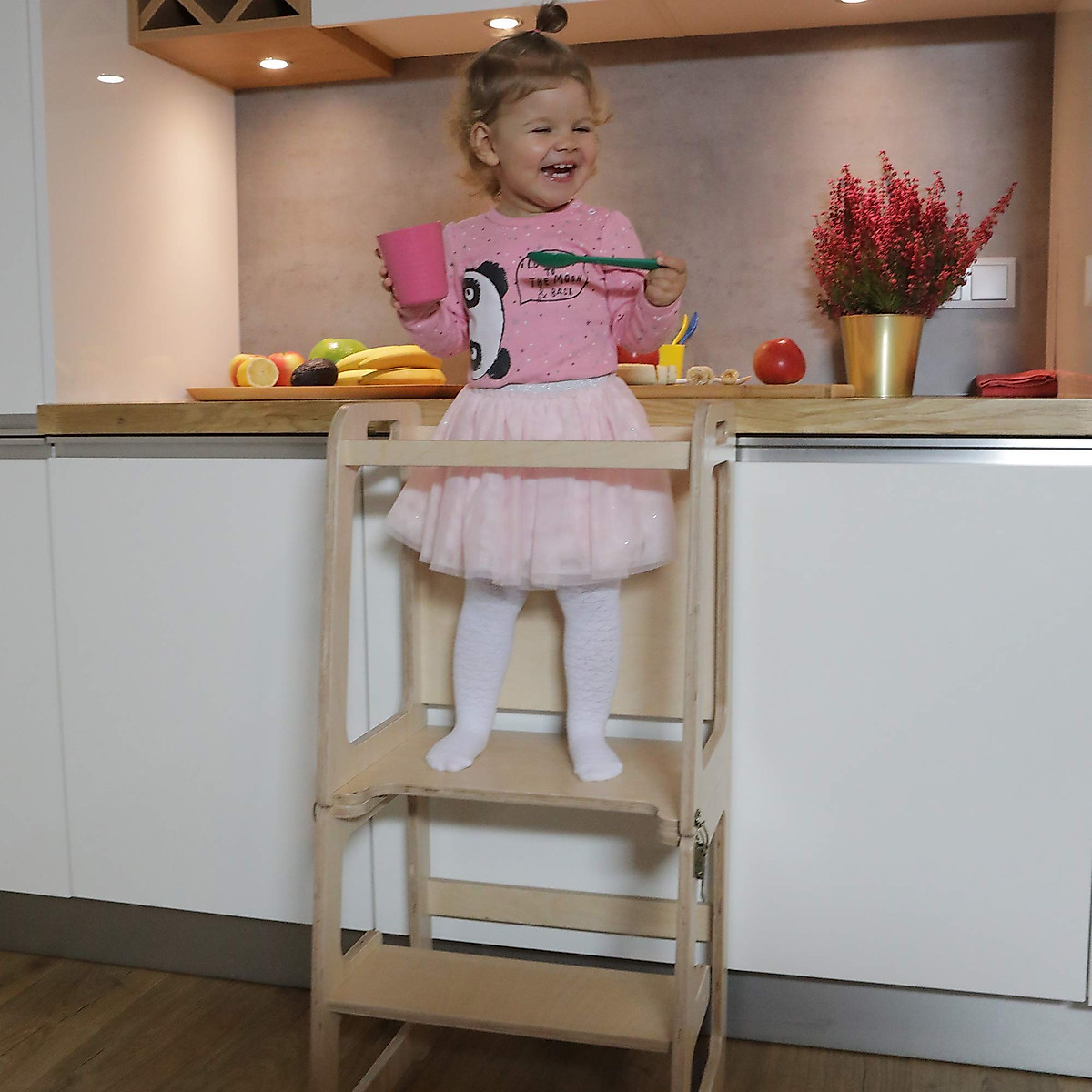 Foldable Montessori helper tower - Table & Chair with Chalkboard All-In-One (Natural lacquered)